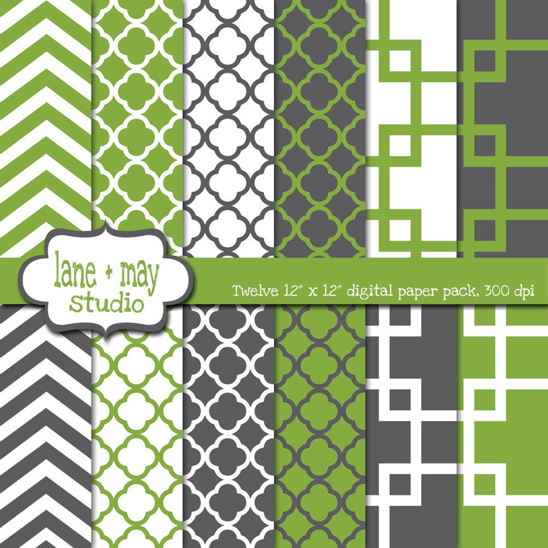 Digital Scrapbook Papers - Green, Gray and White Geometric Patterns ...