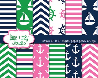Digital Scrapbook Papers Coral Pink and Navy Blue Nautical | Etsy