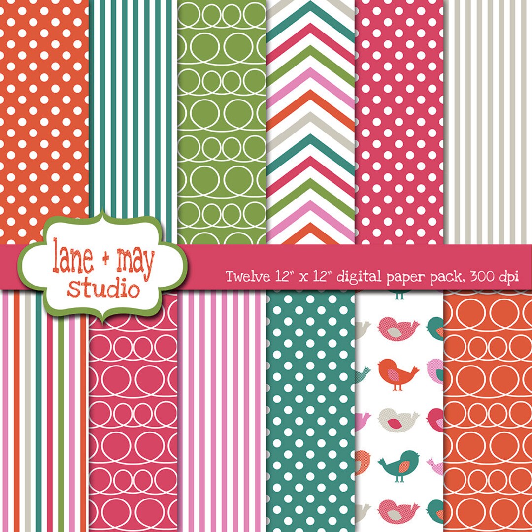 Digital Papers - Little Bird Theme Patterns - Orange, Pink, Green, Gray ...