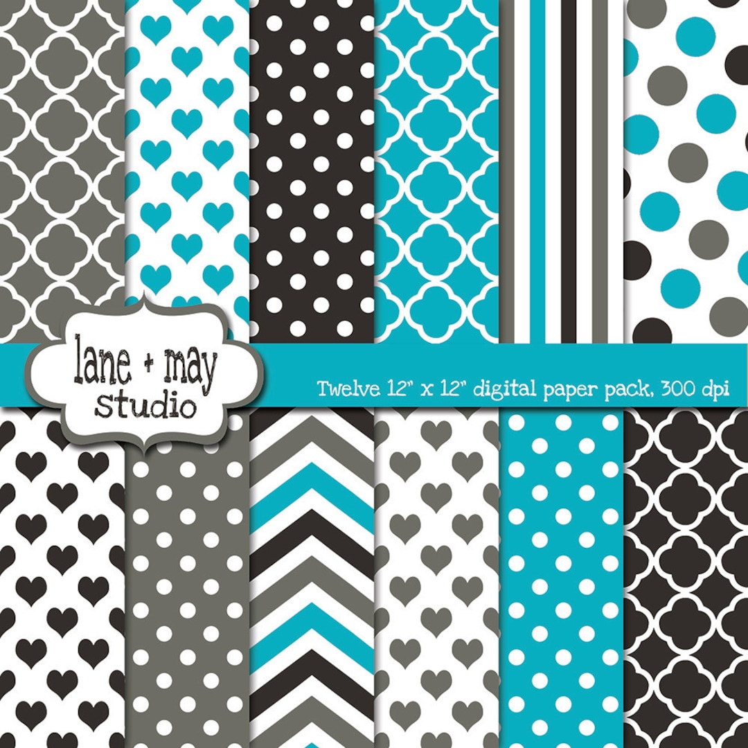 Digital Papers - Aqua Blue and Charcoal Gray Heart, Polka Dot, Chevron ...