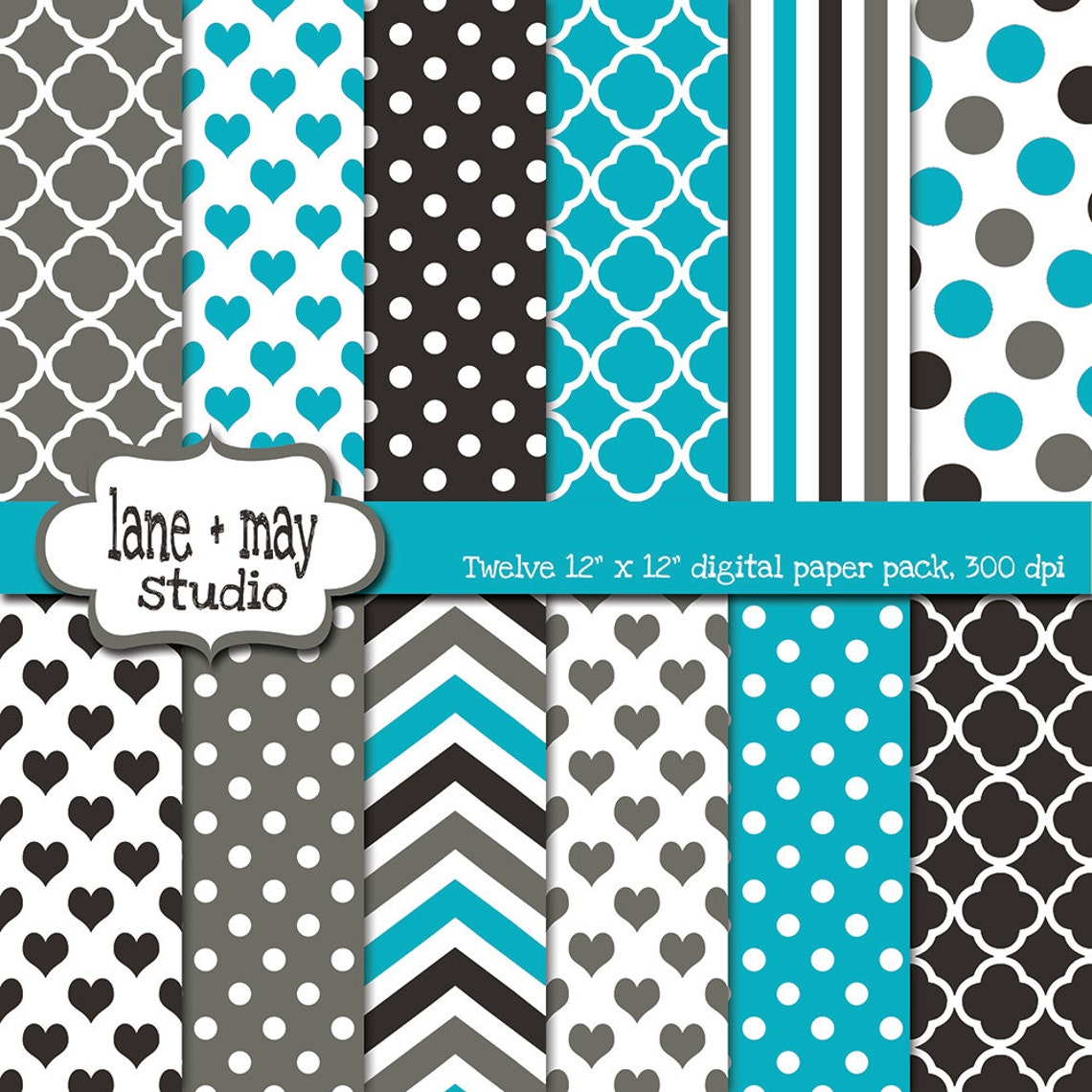 Digital Papers - Aqua Blue and Charcoal Gray Heart, Polka Dot, Chevron ...