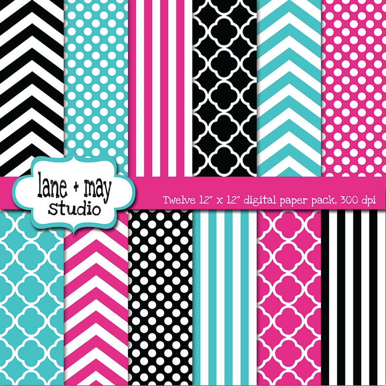 Digital Scrapbook Papers - Hot Pink, Black and Aqua Chevron, Quatrefoil ...
