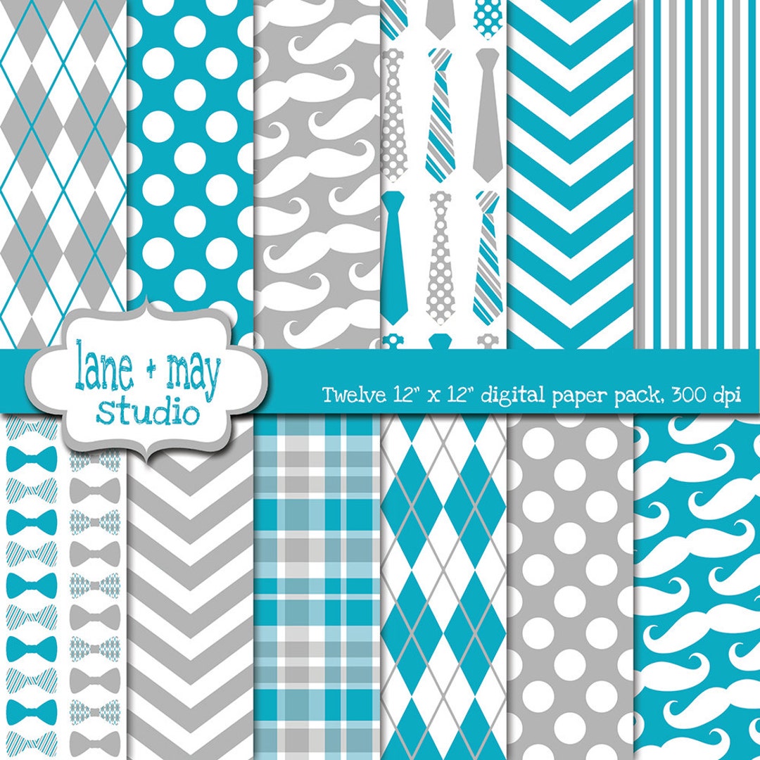 Digital Scrapbook Papers - Bright Blue and Gray Little Man / Mustache ...