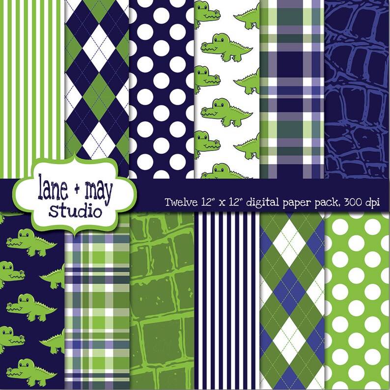 Digital Scrapbook Papers - Navy Blue and Green Preppy Alligator Theme - INSTANT DOWNLOAD - Etsy
