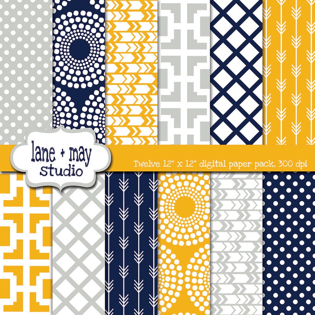 Digital Scrapbook Papers - Mustard Yellow, Navy Blue and Gray Geometric ...