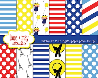 Digital Scrapbook Papers Red Yellow and Blue Chevron Polka | Etsy