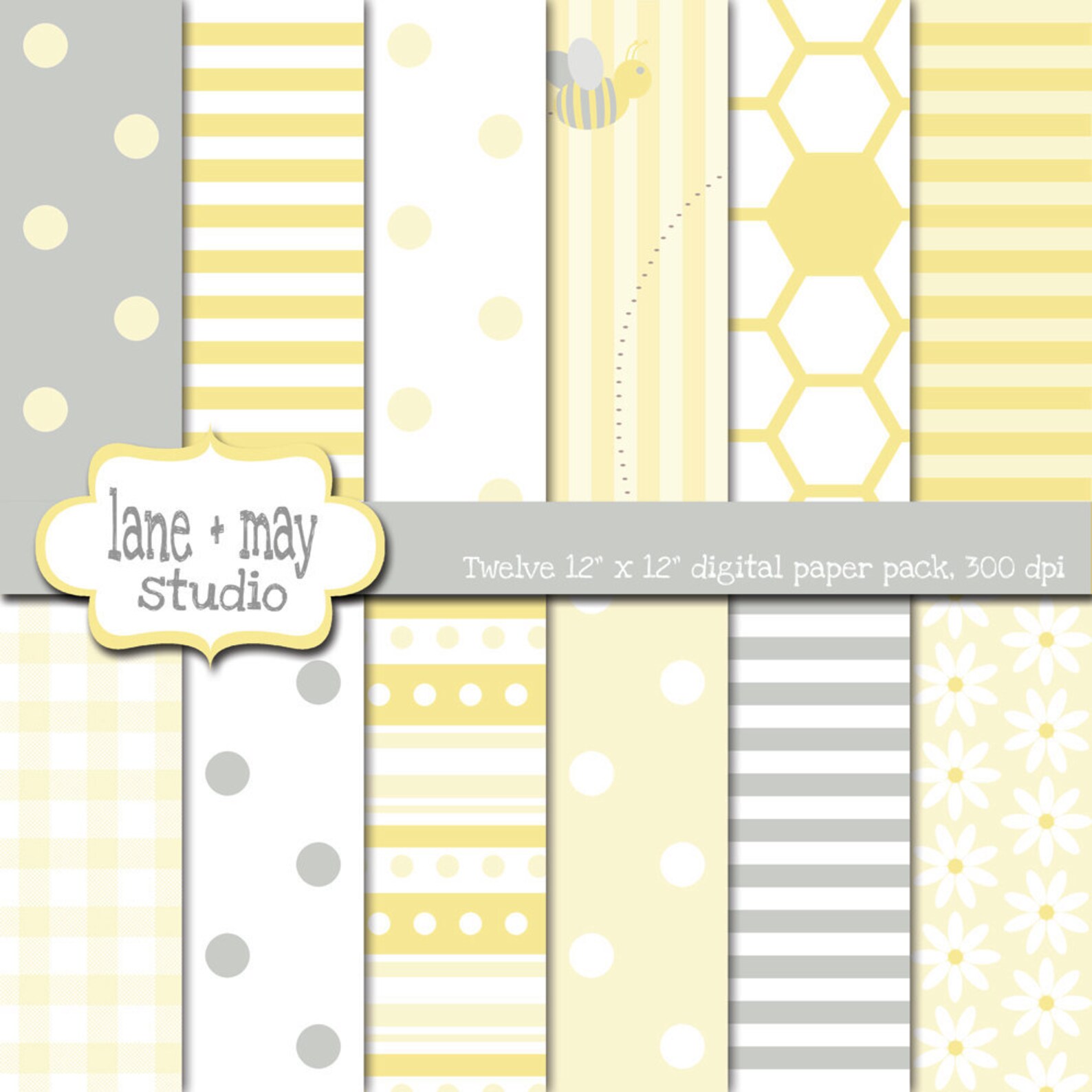 Digital Papers - Baby Bee Gray and Yellow Patterns - INSTANT DOWNLOAD ...