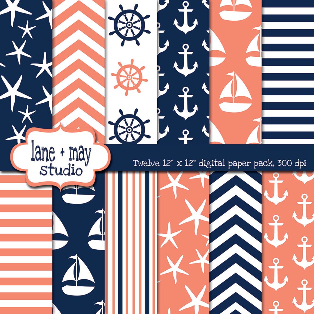 Digital Scrapbook Papers - Coral Pink and Navy Blue Nautical - INSTANT ...