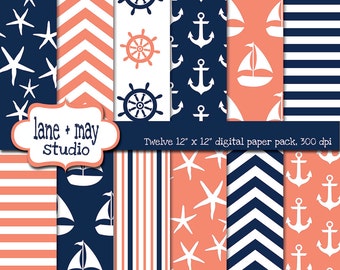 Digital Scrapbook Papers Pink and Navy Blue Nautical Theme | Etsy