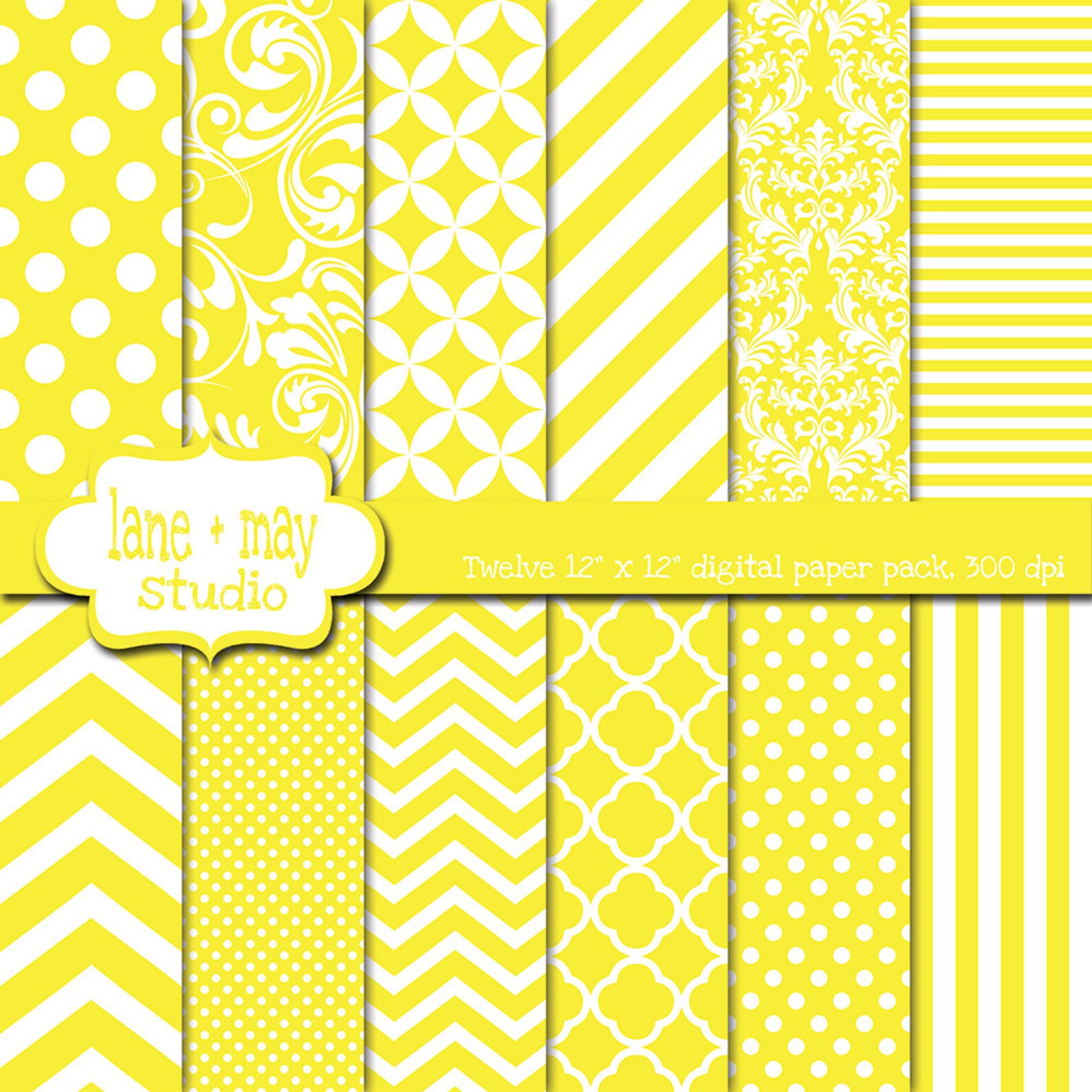 Digital Scrapbook Papers Bright Yellow and White Patterns Variety Pack ...