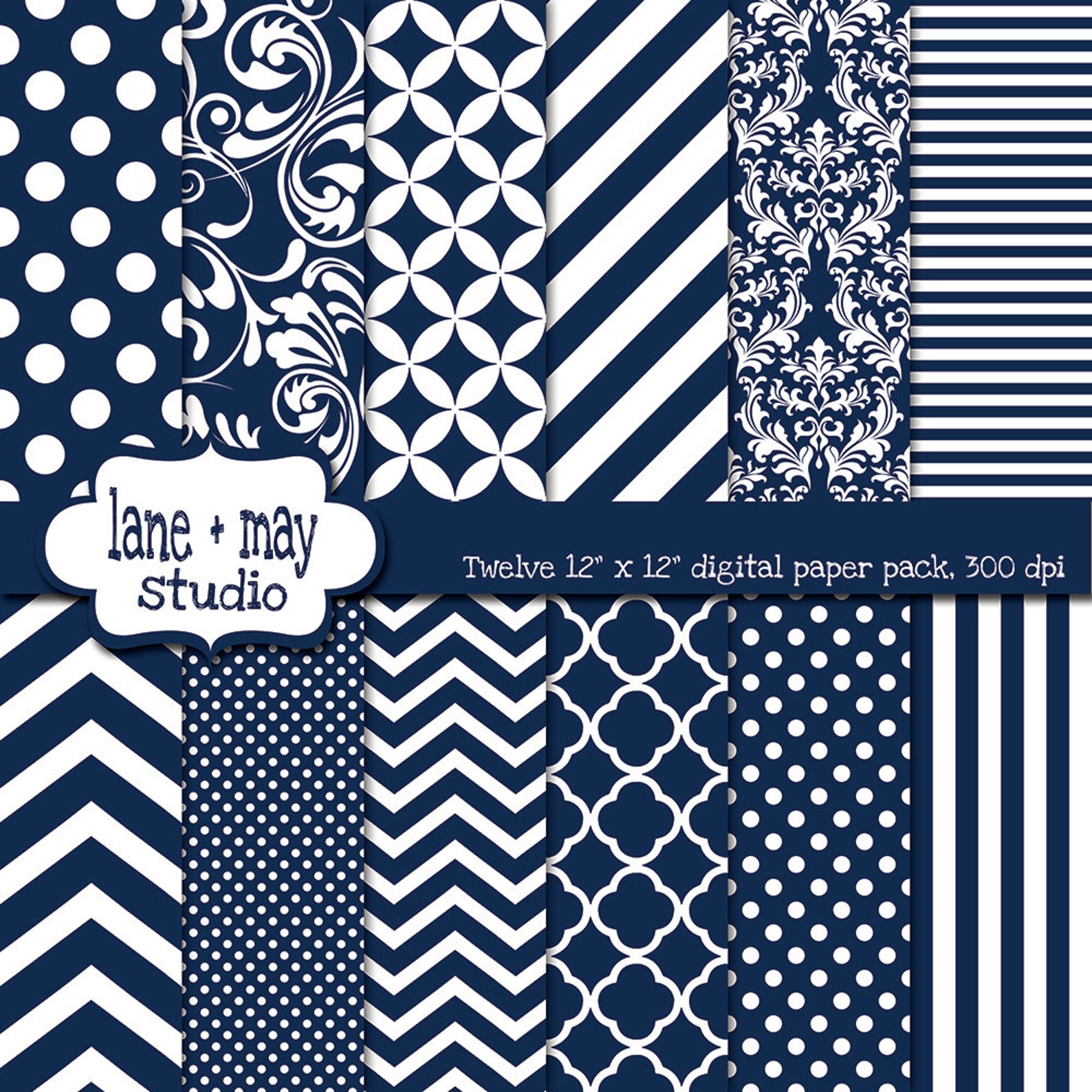 Digital Scrapbook Papers - Navy Blue and White Variety Pack - INSTANT ...