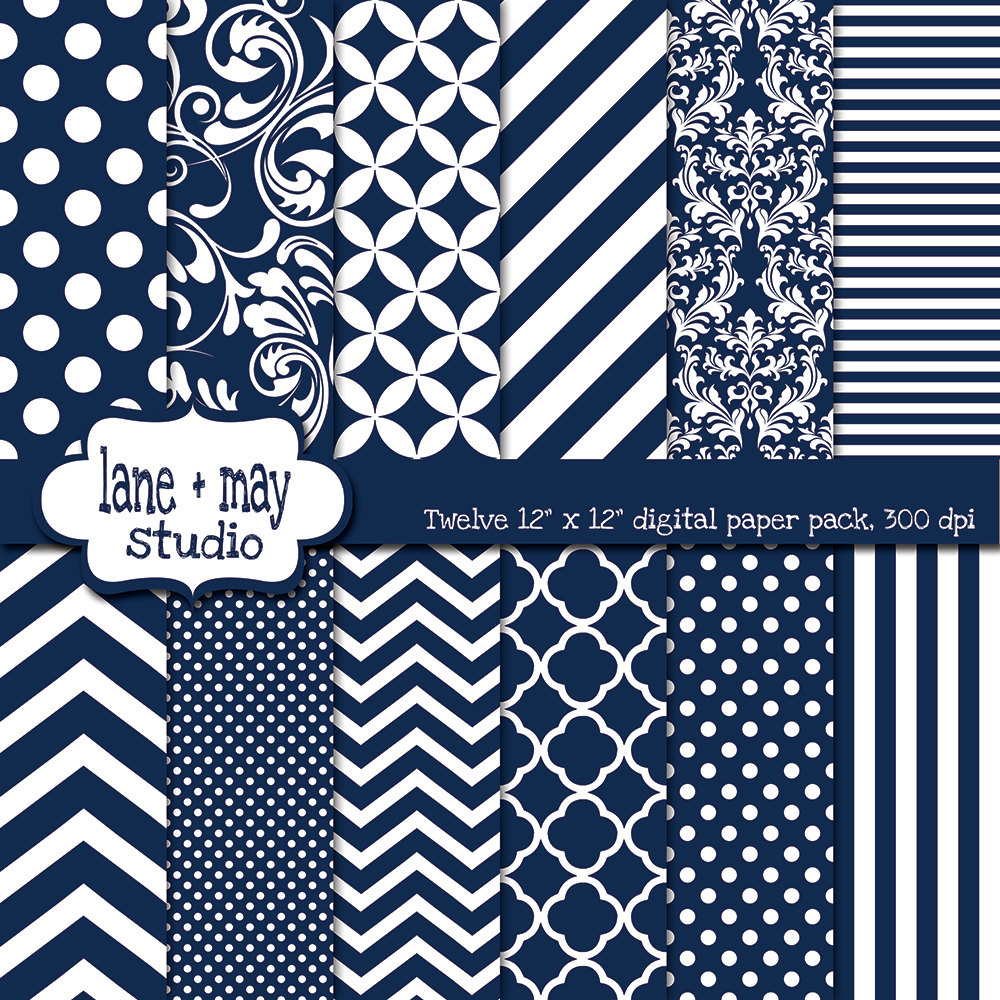 Digital Scrapbook Papers - Navy Blue and White Variety Pack - INSTANT ...