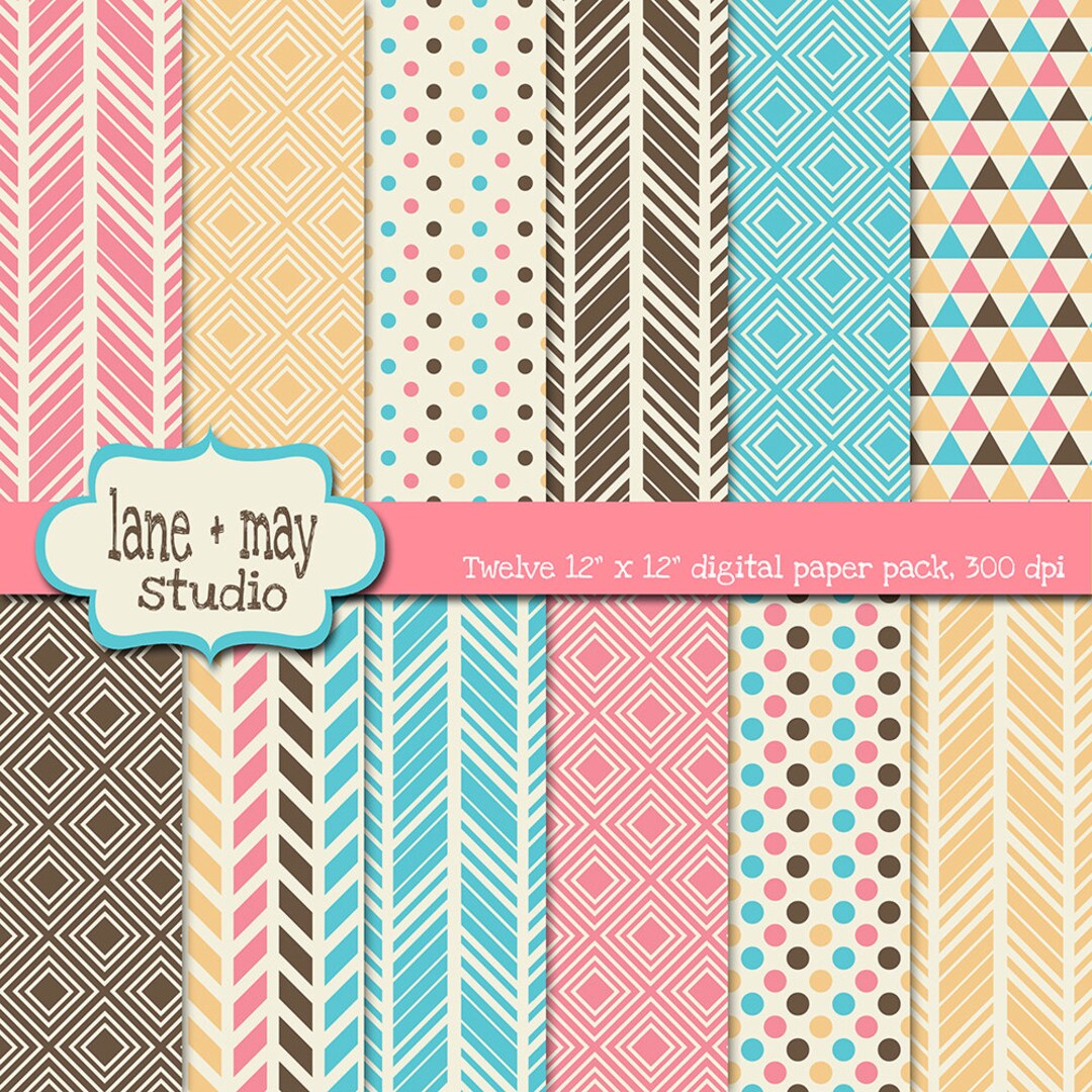 Digital Scrapbook Papers - Pink, Turquoise Blue, Yellow and Brown ...