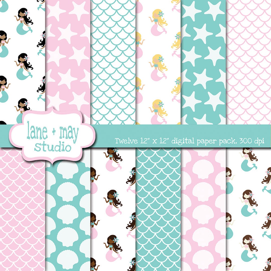 Digital Papers - Mermaid Theme Patterns - Aqua Green and Pink - INSTANT ...
