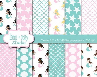 Digital Papers Mermaid Theme Patterns Aqua Green and | Etsy