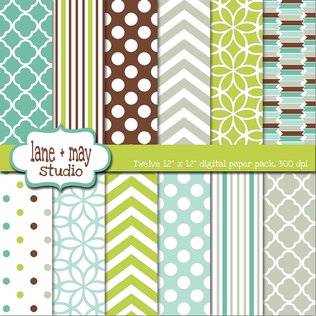 Digital Scrapbook Papers - Aqua, Green, Brown and Gray Patterns ...