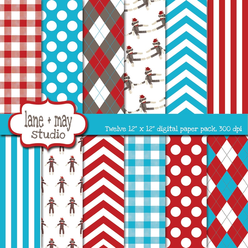 Sock Monkey Theme Patterns in Red, Blue and Brown - Digital Scrapbook ...