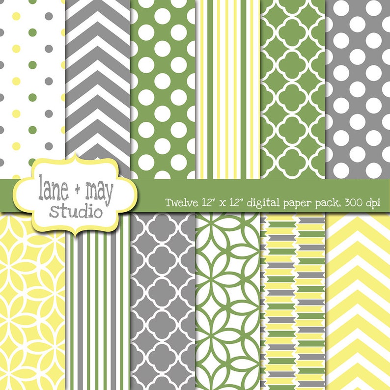 Digital Scrapbook Papers - Sage Green, Yellow and Gray Patterns ...