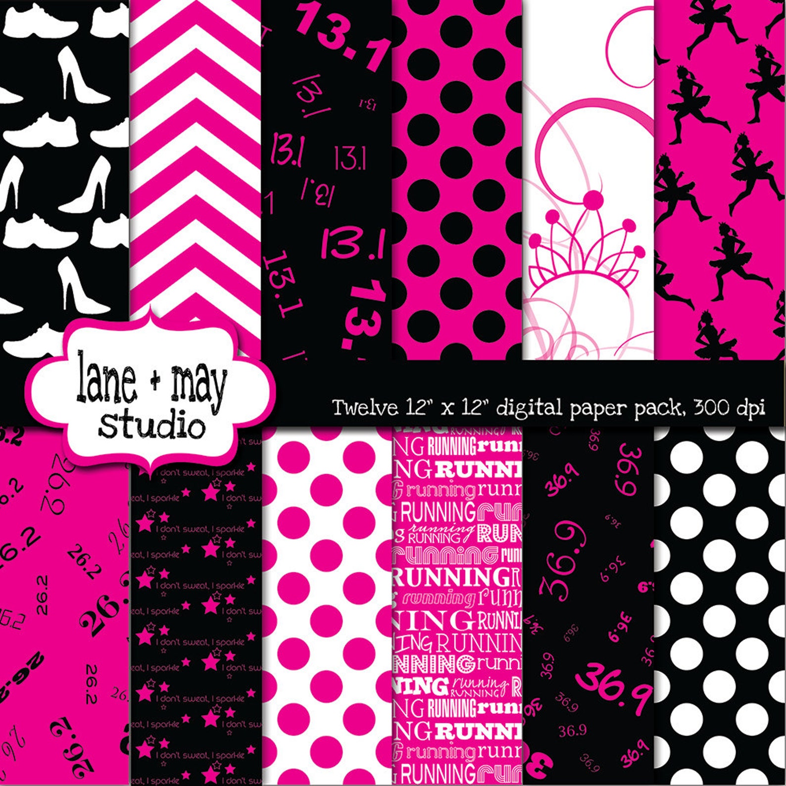 Digital Scrapbook Papers Hot Pink and Black Running Princess 2 INSTANT ...