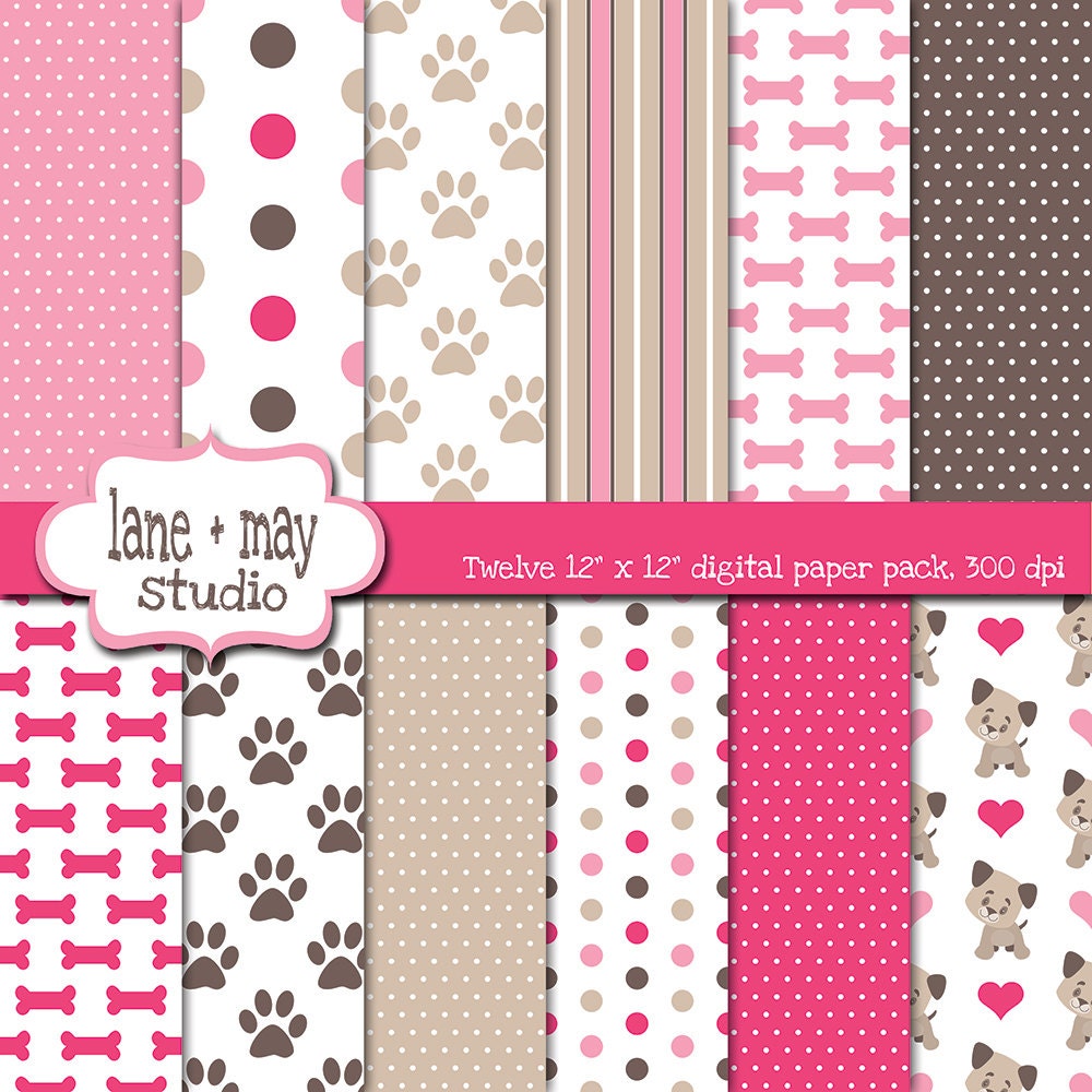 Digital Scrapbook Papers - Pink and Chocolate Brown Puppy Dog Theme ...