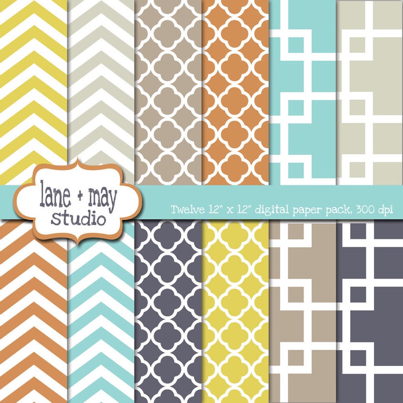 Digital Papers - Yellow, Orange, Aqua Blue and Tan Geometric Patterns ...