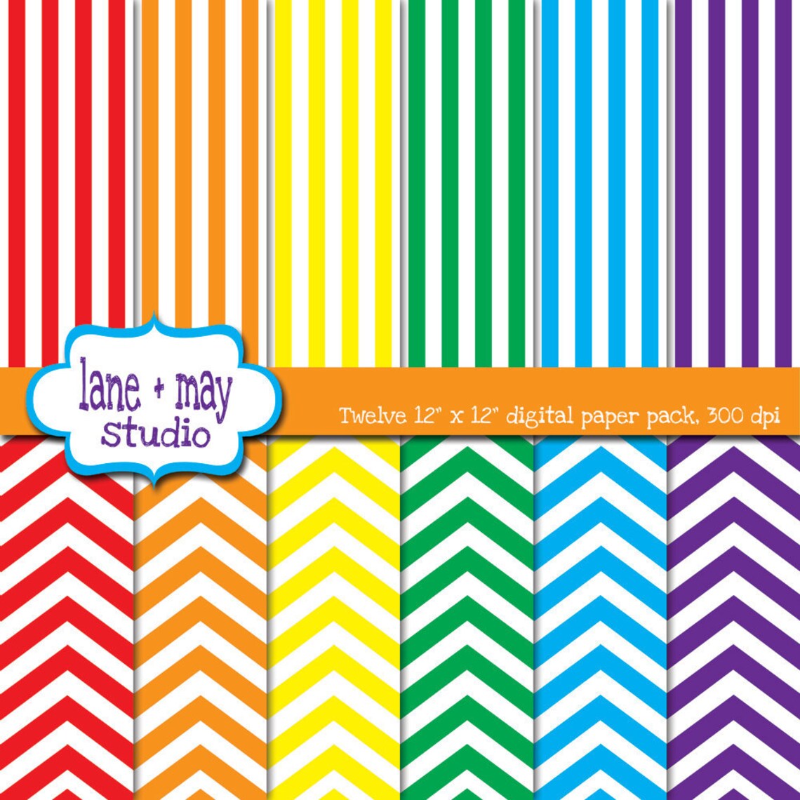 Digital Scrapbook Papers Rainbow Stripes and Chevron INSTANT DOWNLOAD ...