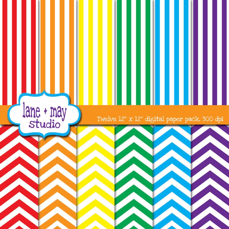 Digital Scrapbook Papers Rainbow Stripes and Chevron INSTANT DOWNLOAD ...