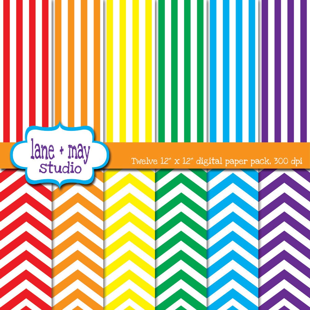 Digital Scrapbook Papers Rainbow Stripes and Chevron INSTANT DOWNLOAD ...