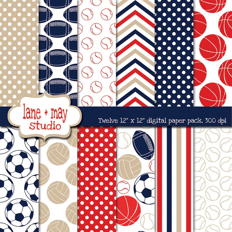 Digital Scrapbook Papers - Navy Blue, Red and Tan Sports Theme Patterns ...