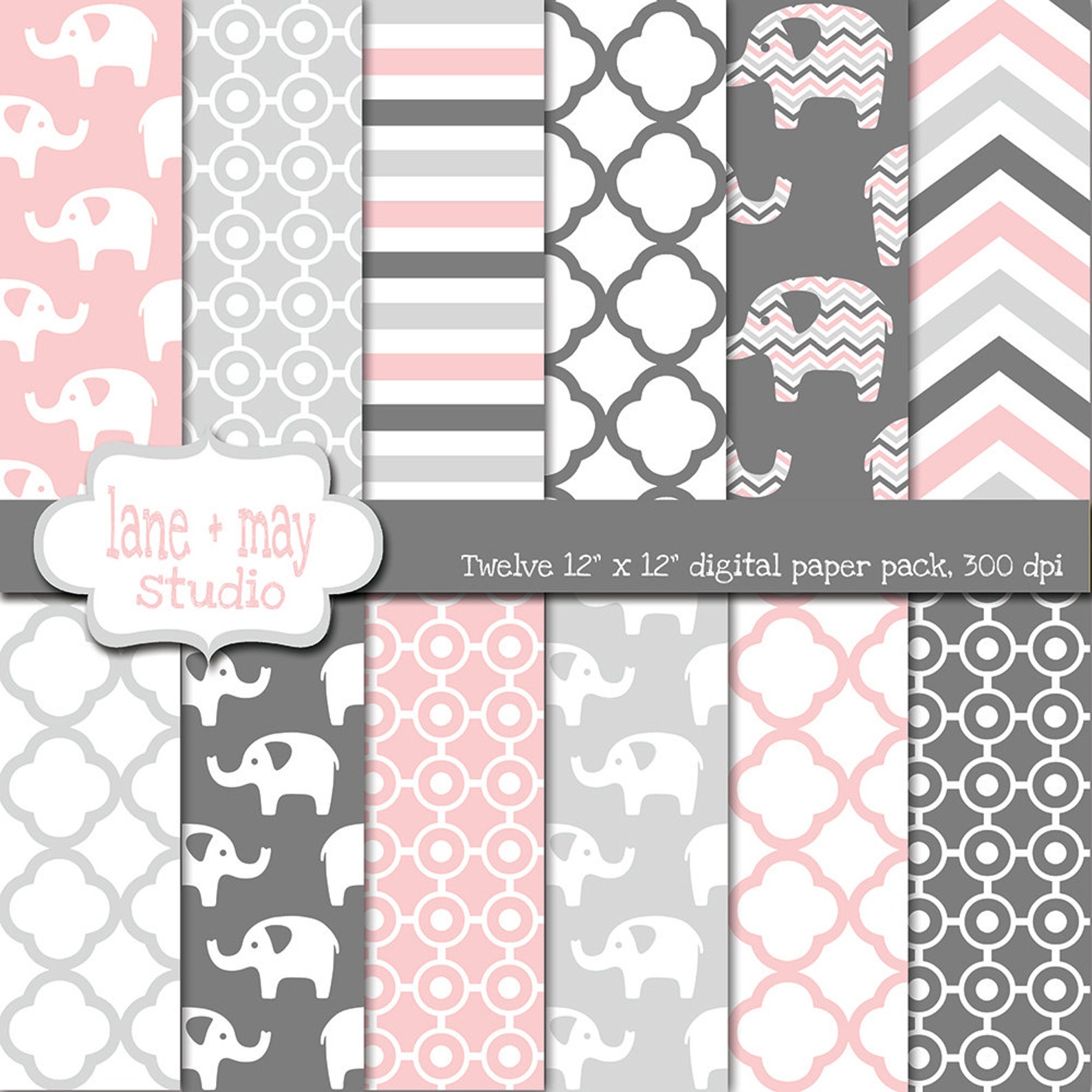 Digital Scrapbook Papers Pink and Gray Elephant Patterns INSTANT ...