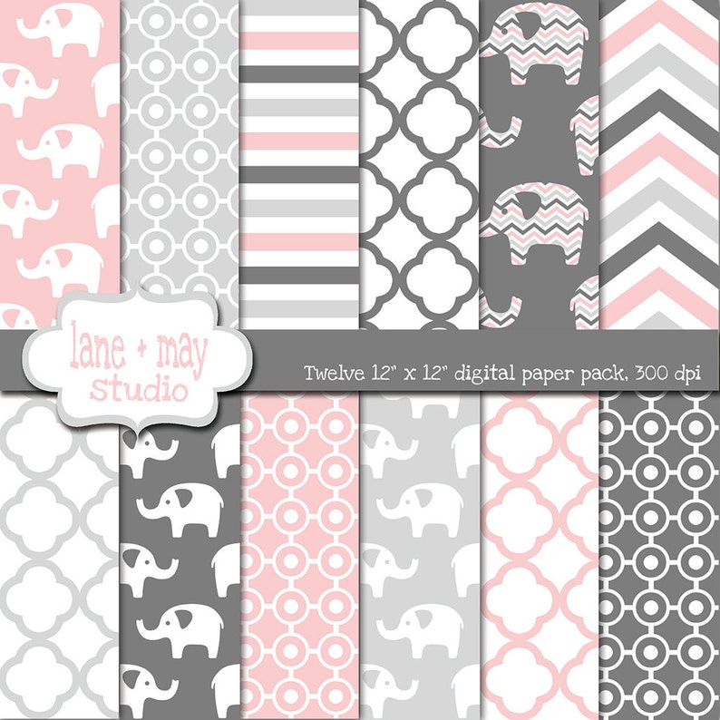 Digital Scrapbook Papers - Pink and Gray Elephant Patterns - INSTANT ...