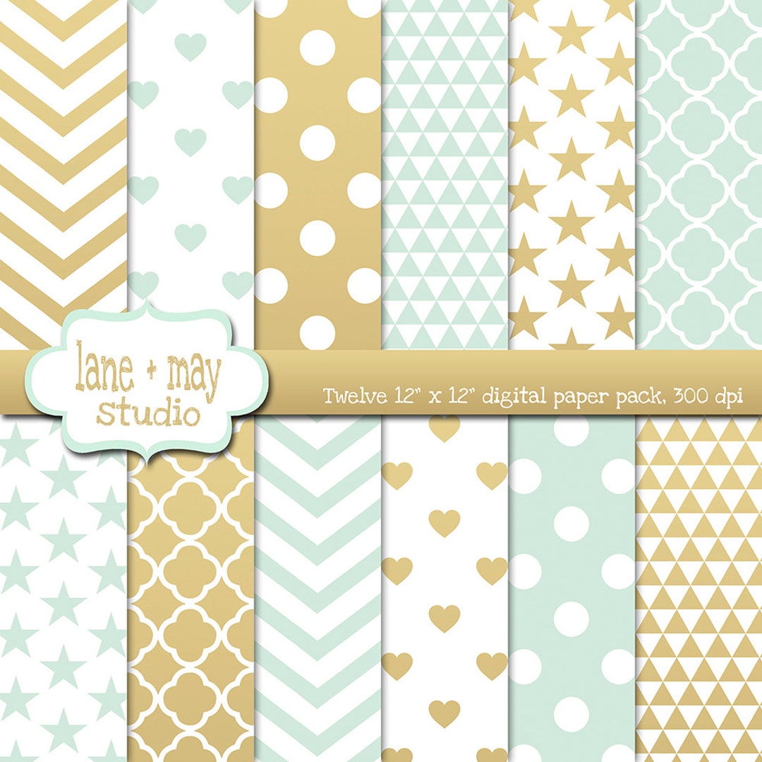 Digital Scrapbook Papers - Mint Green and Gold Polka Dot, Chevron ...