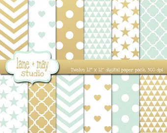 Digital Scrapbook Papers Pink and Gold Polka Dot Chevron | Etsy