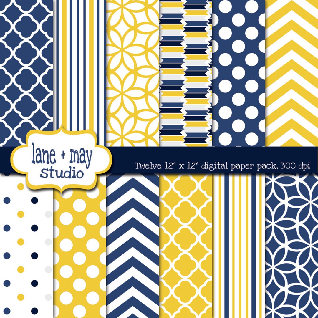 Digital Scrapbook Papers - Navy and Yellow Polka Dots, Chevron, Stripes ...