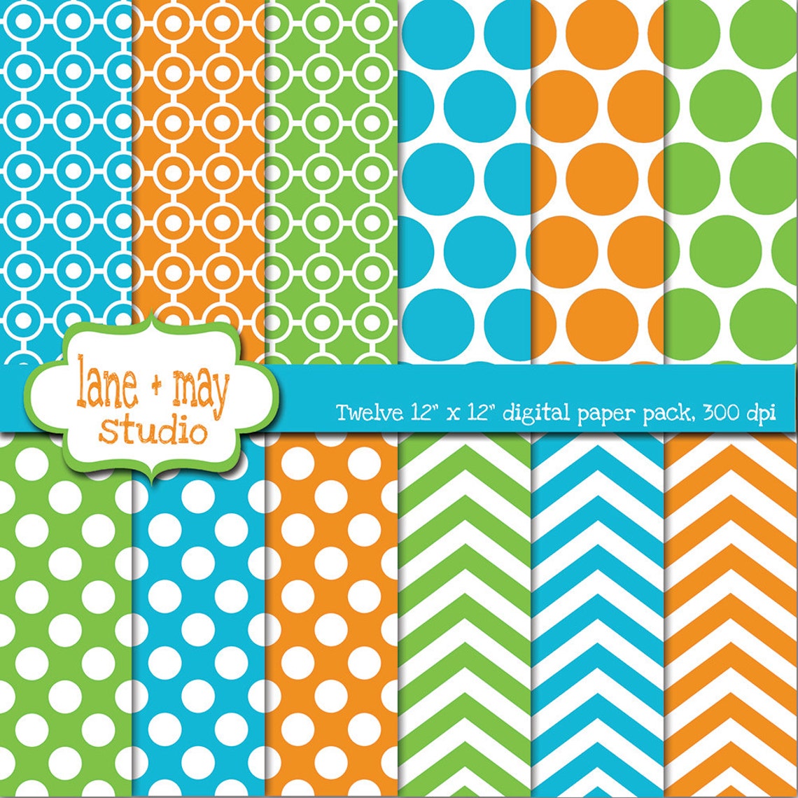 Digital Papers - Green, Orange and Blue Polka Dot and Chevron Patterns ...