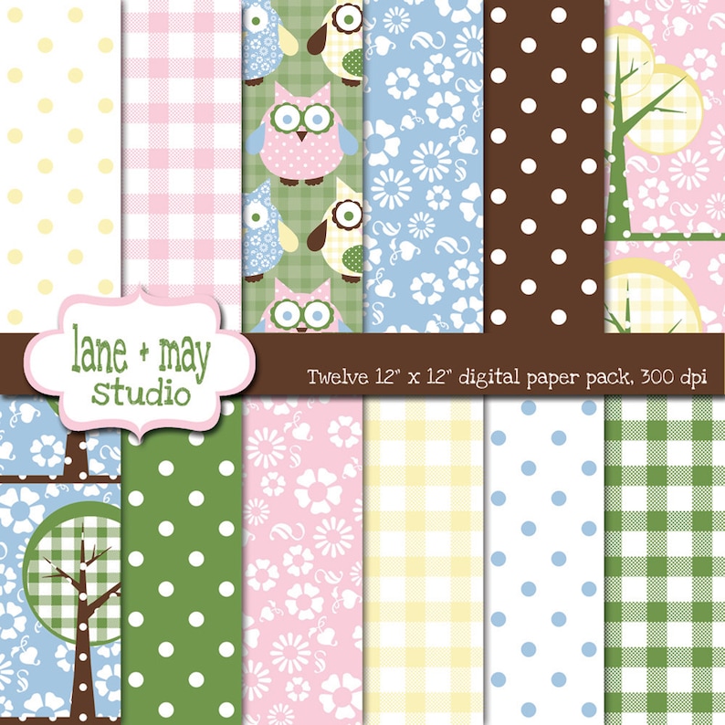 Digital Papers - Owls Patterns in Pink, Blue, Green, Yellow and Brown ...