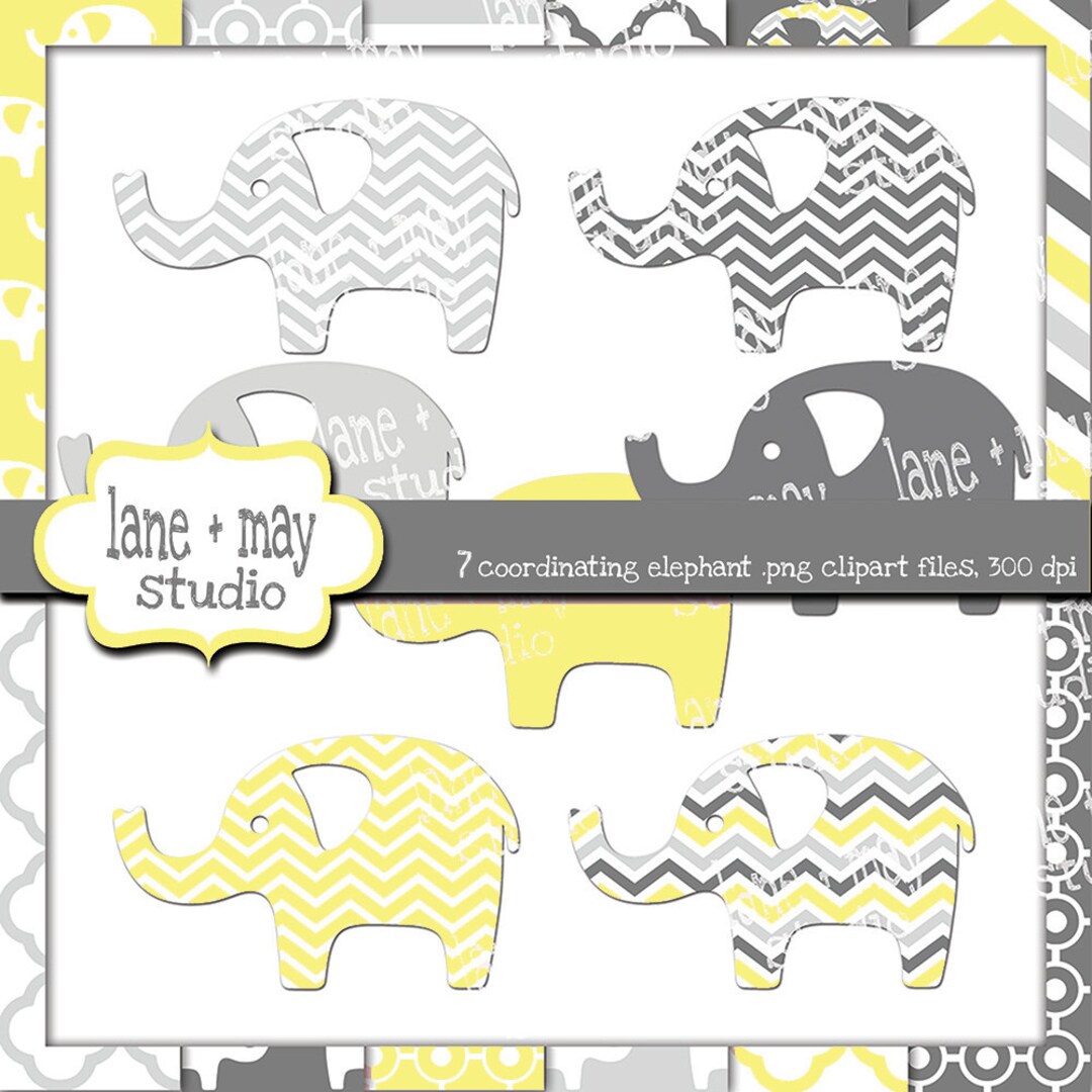 Yellow and Gray Elephant Themed Digital Scrapbook Clipart - INSTANT ...