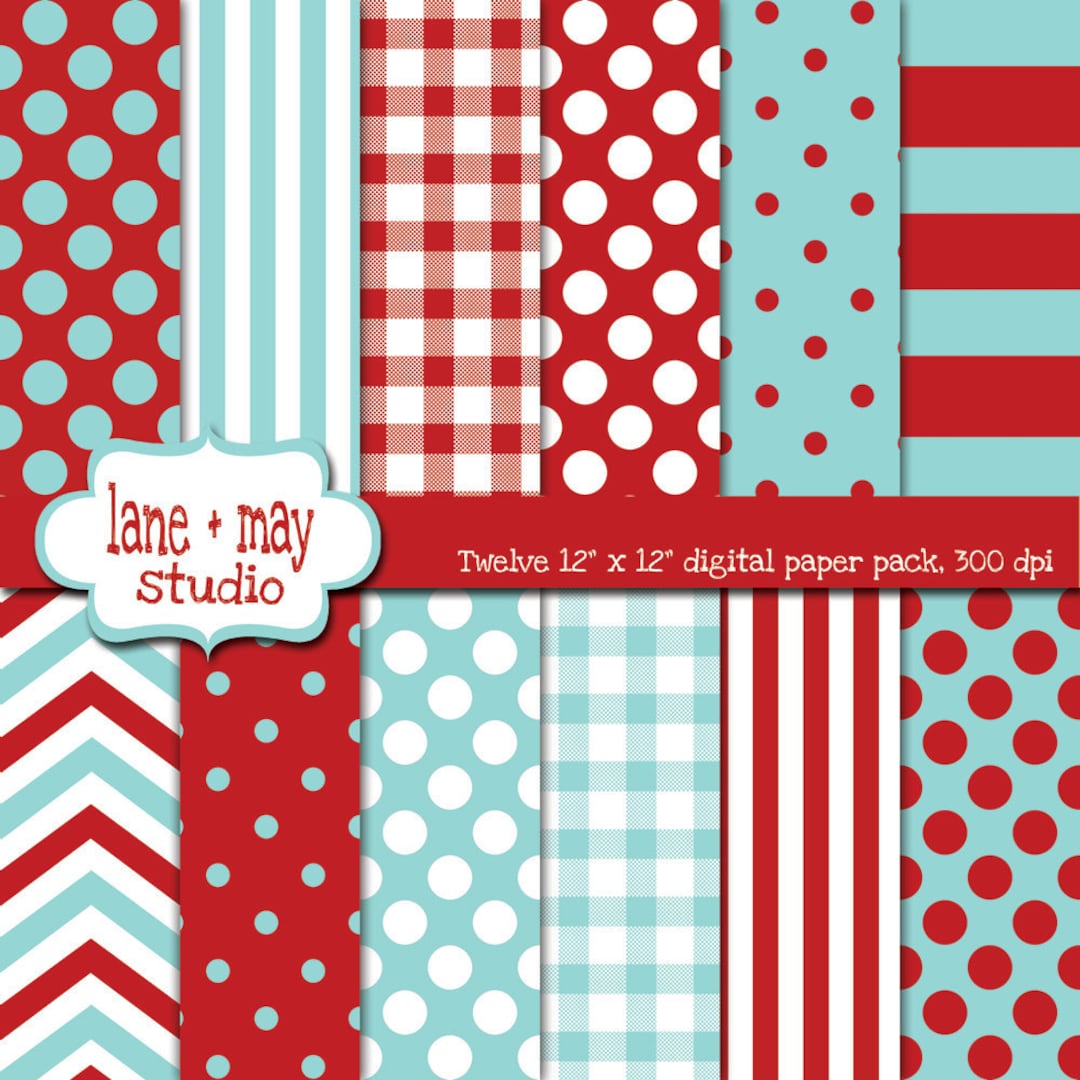 Digital Scrapbook Papers - Red and Aqua Gingham, Stripes and Polka Dots ...