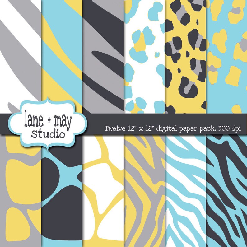 Digital Papers - Gray, Blue and Yellow Animal Print Patterns - INSTANT ...