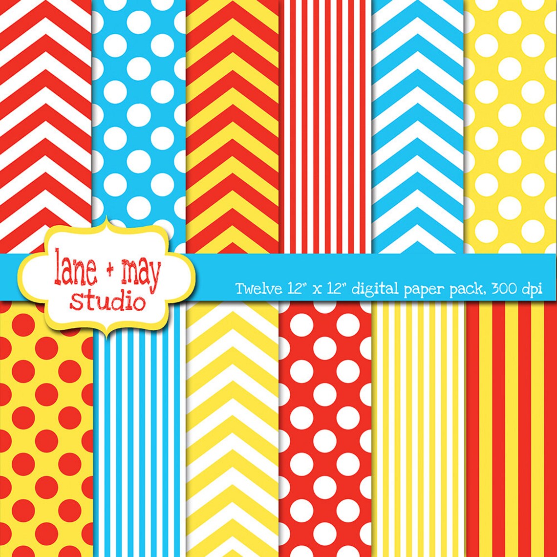 Digital Scrapbook Papers Red, Yellow and Blue Chevron, Polka Dots and ...