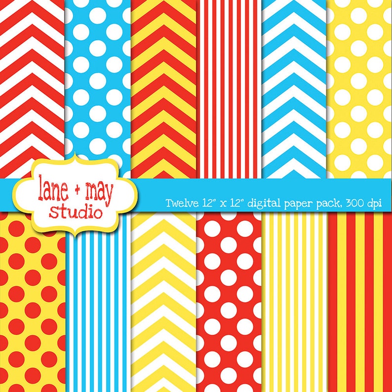 Digital Scrapbook Papers - Red, Yellow and Blue Chevron, Polka Dots and ...