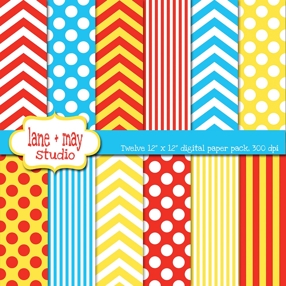 Digital Scrapbook Papers - Red, Yellow and Blue Chevron, Polka Dots and ...