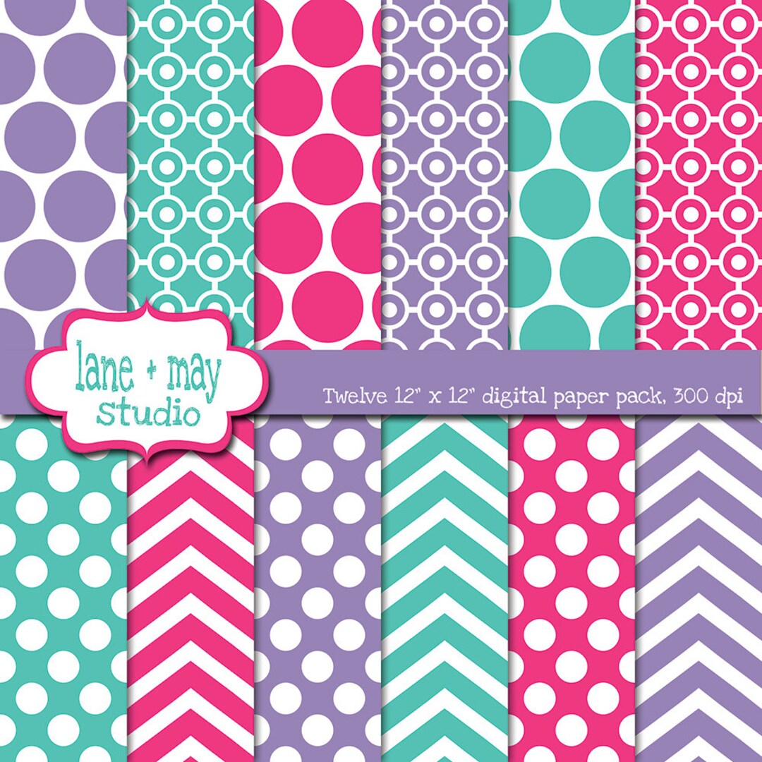 Digital Scrapbook Papers - Pink, Aqua and Purple Polka Dot and Chevron ...
