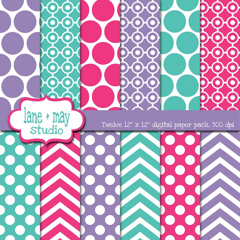 Digital Scrapbook Papers - Pink, Aqua and Purple Polka Dot and Chevron ...
