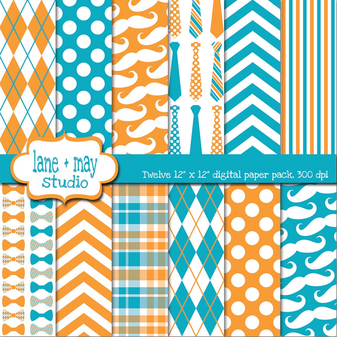 Digital Scrapbook Papers Tangerine Orange and Aqua Blue - Etsy