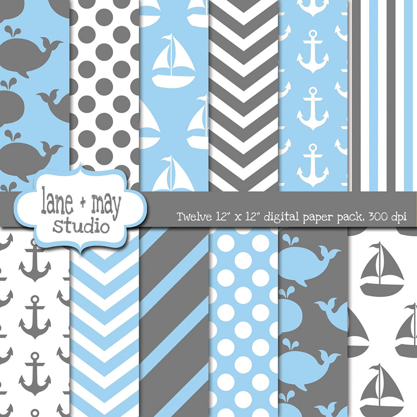Digital Scrapbook Papers - Gray, White, and Baby Blue Nautical / Whale ...