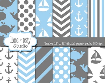 digital scrapbook papers navy white and baby blue nautical