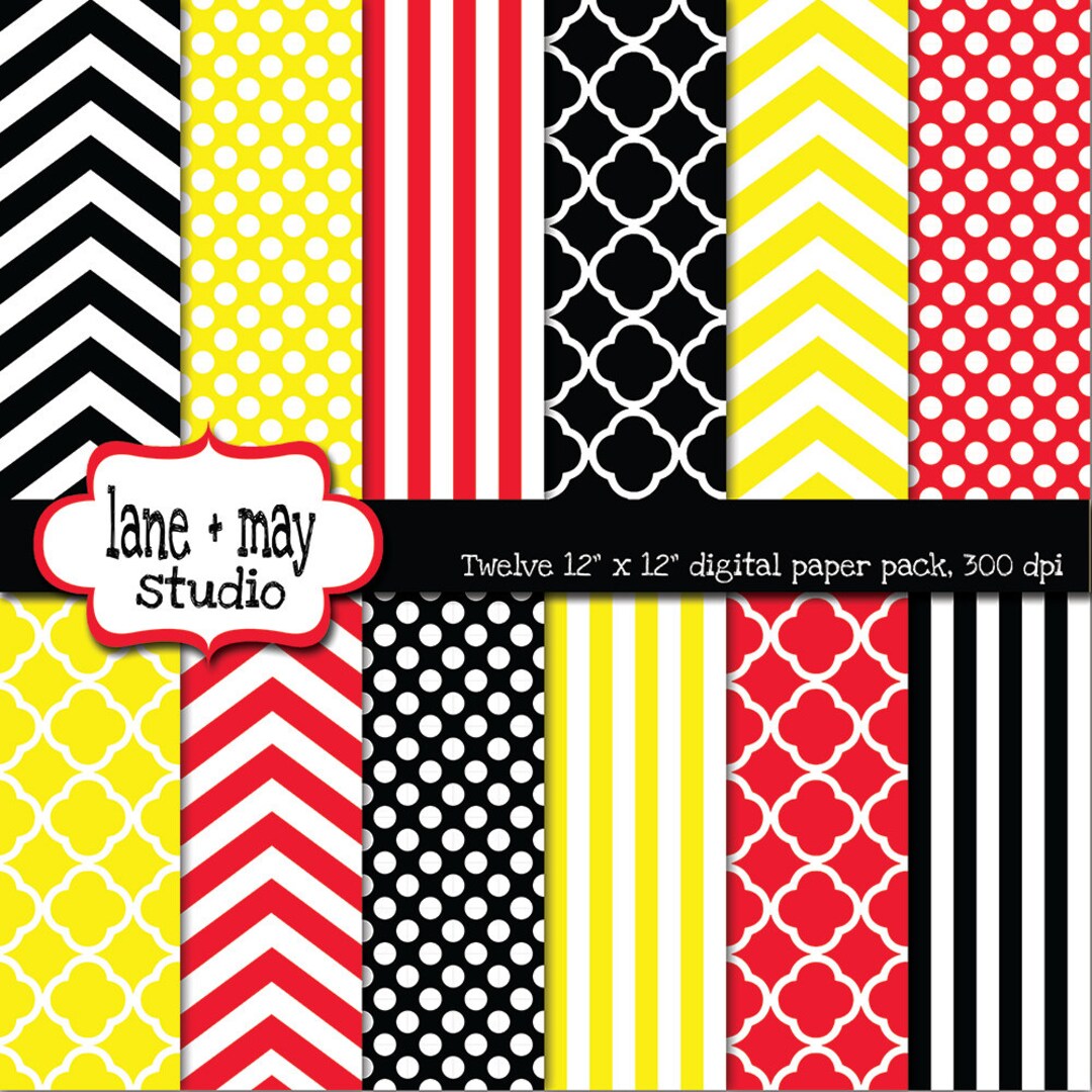Digital Papers - Red, Black and Yellow Chevron, Stripes, Quatrefoil and ...