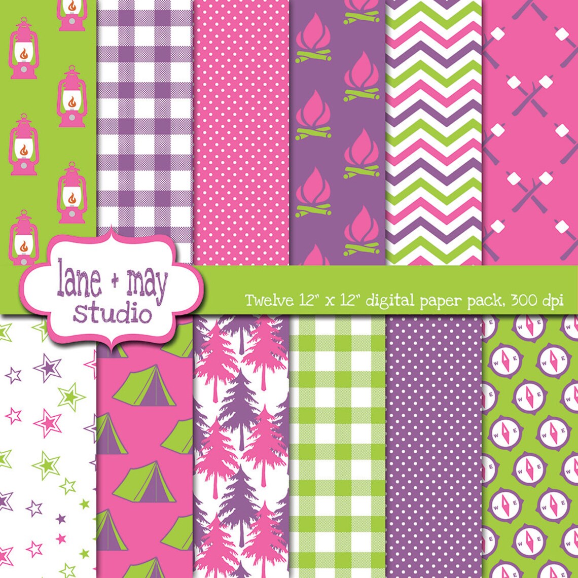 Digital Scrapbook Papers - Pink, Purple and Green Glamping Theme ...