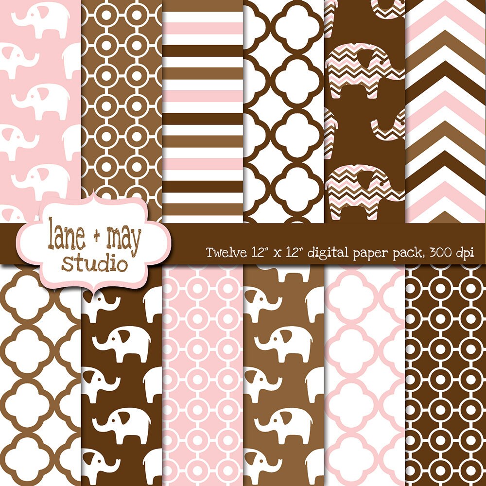 Digital Papers - Pink and Brown Elephant Theme Patterns - INSTANT ...